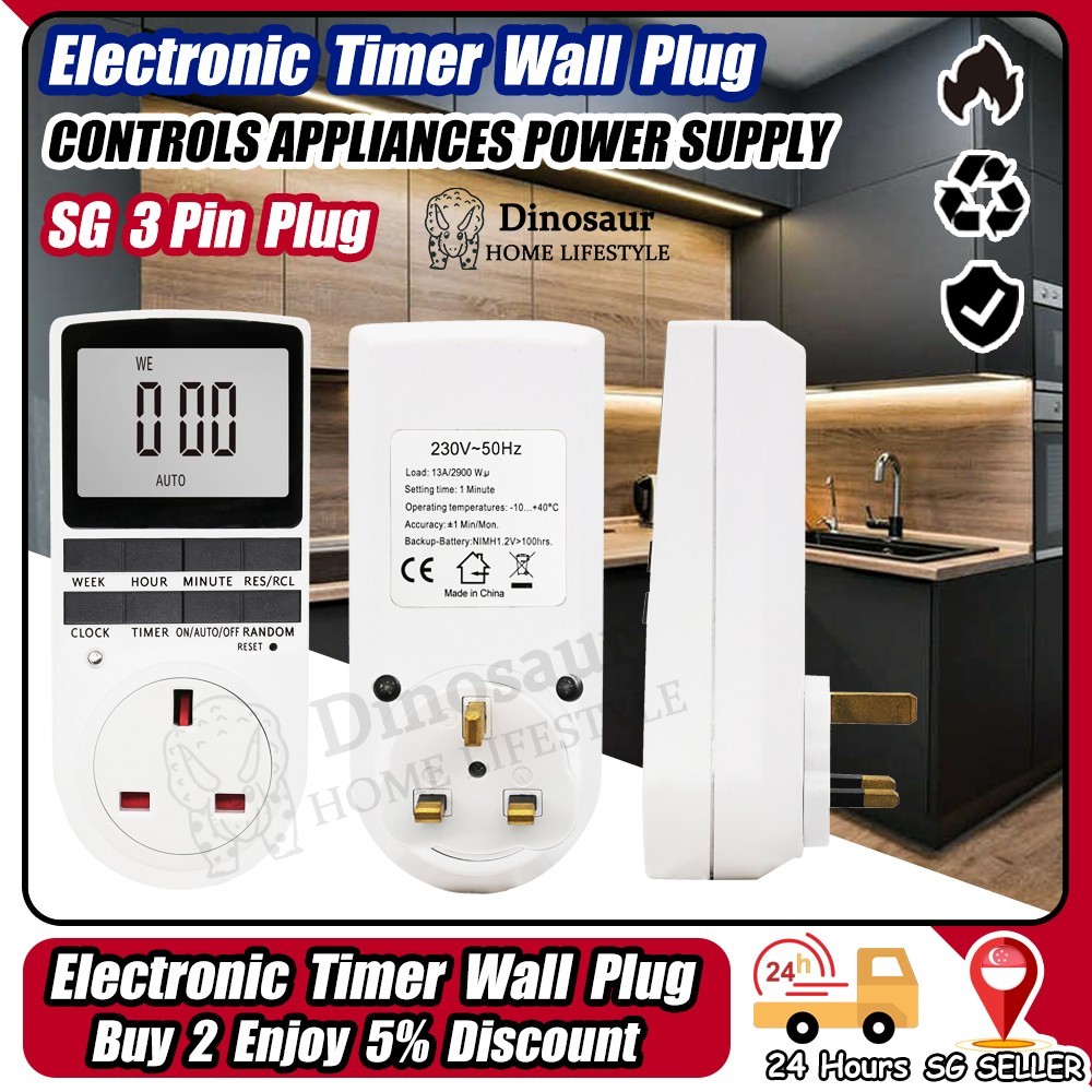 🇸🇬 Readystock Sg 3pin Plug Digital Timer Plug Wall Plug Lcd 24 Hr
