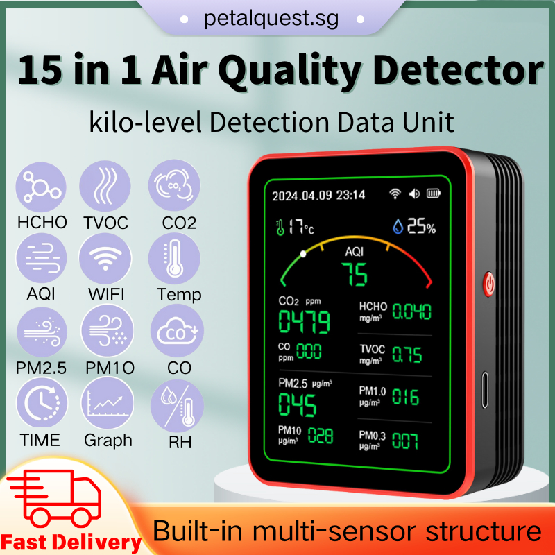 15 in 1 Air Quality Monitor CO2 Meter Carbon Dioxide Detector CO2 CO TVOC HCHO PM2.5 PM1.0 PM10 ...