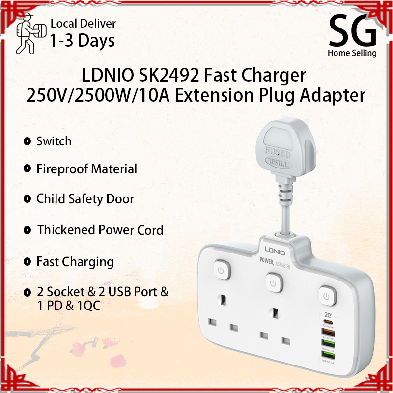 LDNIO Extension Plug with UK 2 Pin & 4 USB Fast Charger 250V/2500W/10A ...