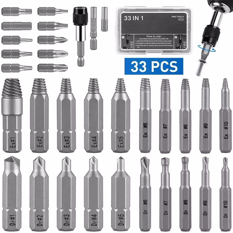 33 PCS Damaged Screw Extractor Kit with Sleeve Extension Drill Bit for ...