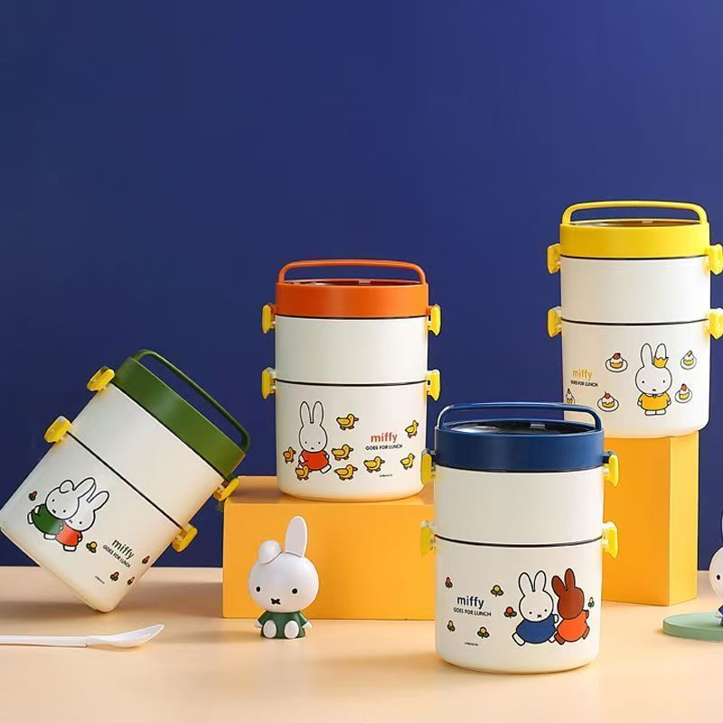 Miffy Lunch Box Portable Double Layer Round Stainless Steel Thermal Bento Box Leak proof Thermos ...