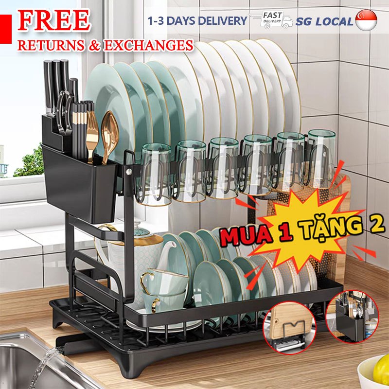 【SG STOCK】 Drain Rack Auto Tray drying with Holder Dish Drainer dish ...