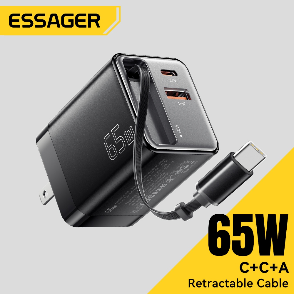 ESSAGER 65w GaN Charger Type-C Cable +Type-C & USB-A port Travel Fast ...