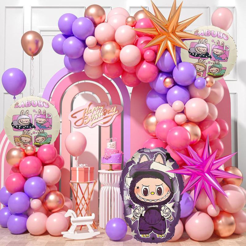 97PCS Labubu Theme Balloon Garland Set Purple Rose Gold Birthday Party ...