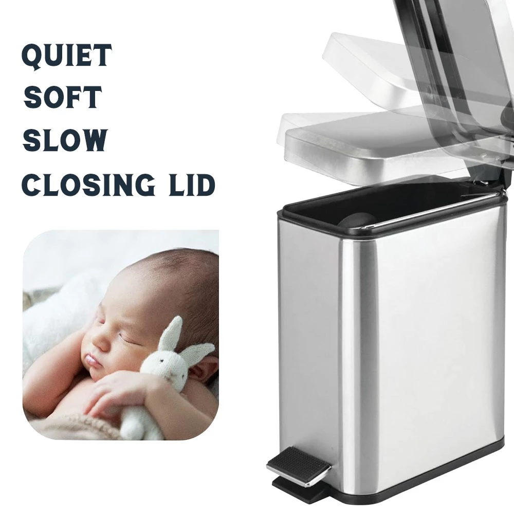 5L Stainless Steel Soft Closing Trash Can Dustbin with Foot Pedal Waste ...