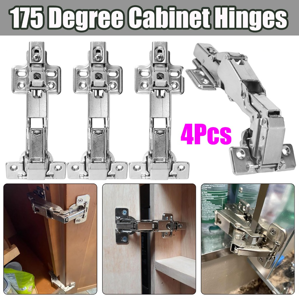 4Pcs 175 Degree Cabinet Hinges Concealed Hydraulic Adjustable Mounting ...