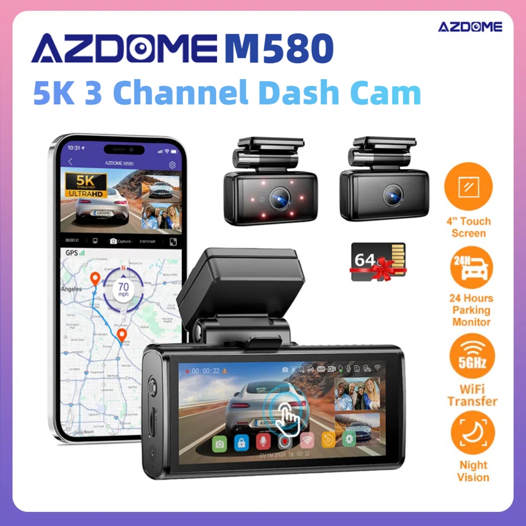 AZDOME M580 3 Channel 5K Dash Cam with 4" Touch Screen Night Vision ...