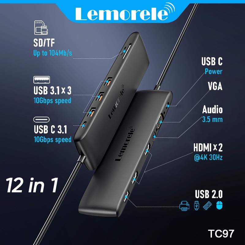 Lemorele Laptop Docking Station Usb C 3.1 Hub Type C to 2 Hdmi Adapter ...