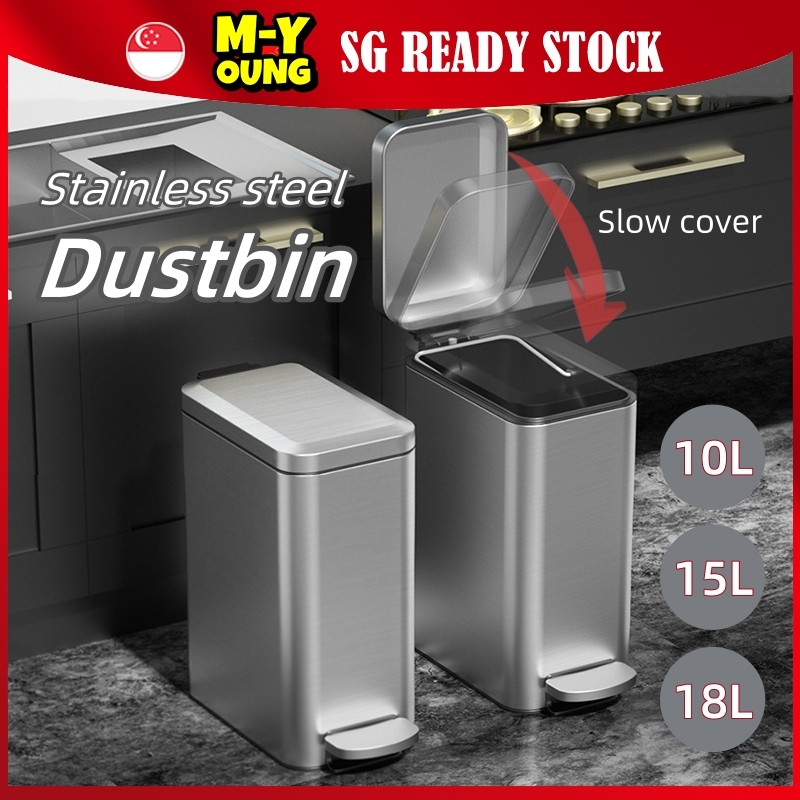 【SG】Stainless Steel Pedal Step Dustbin Auto Soft Close Lid Dust Bin 10L ...
