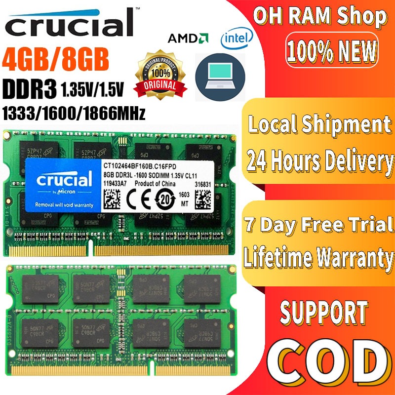 Crucial Laptop DDR3 RAM 8GB 4GB SODIMM 1600Mhz 1.35V 1.5V DDR3L PC3L ...