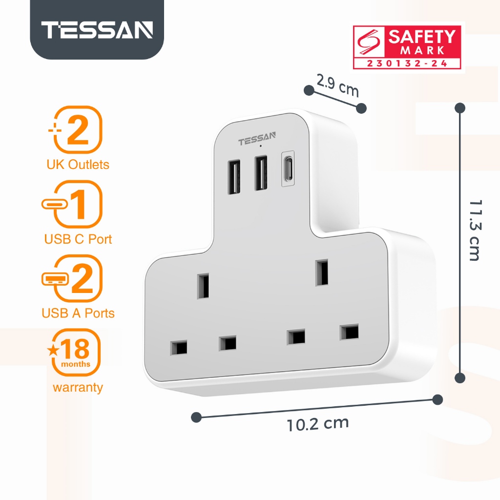 TESSAN Extension Plug Adapter with USB+Type C Multi Plug Power ...