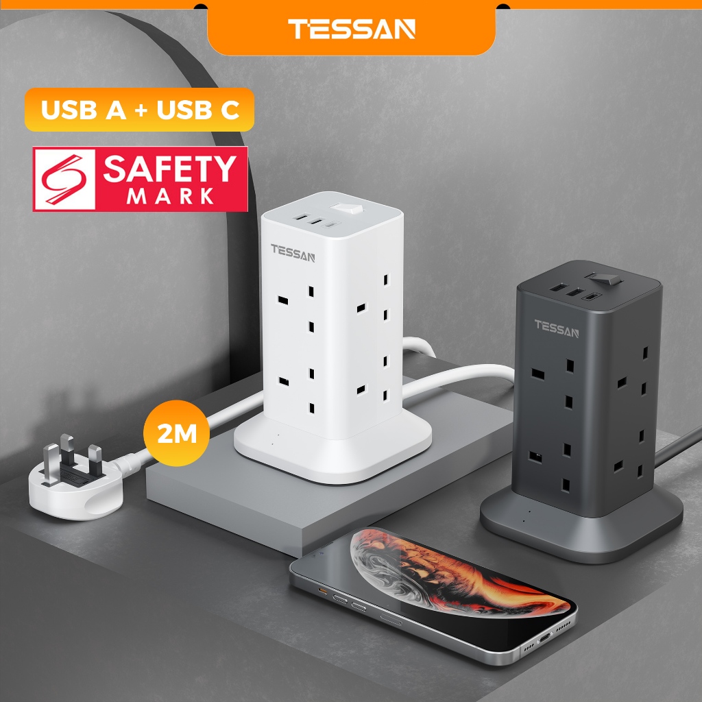TESSAN Tower Extension Plug with USB Type C Multi Plug Extension Socket ...