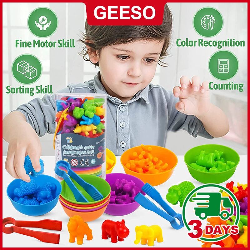 GEESO Montessori Rainbow Counting Kids Toy Soft Rubber Dinosaur Animal ...