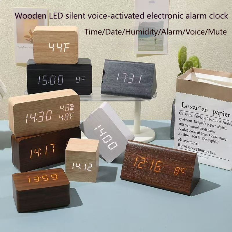 LED Wooden Digital Alarm Clock With Sound Control Small Size ...