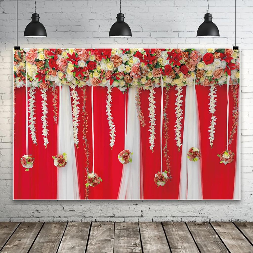 7x5ft Wedding Backdrop for Cradle Ceremony White and Red Tulle Curtain ...