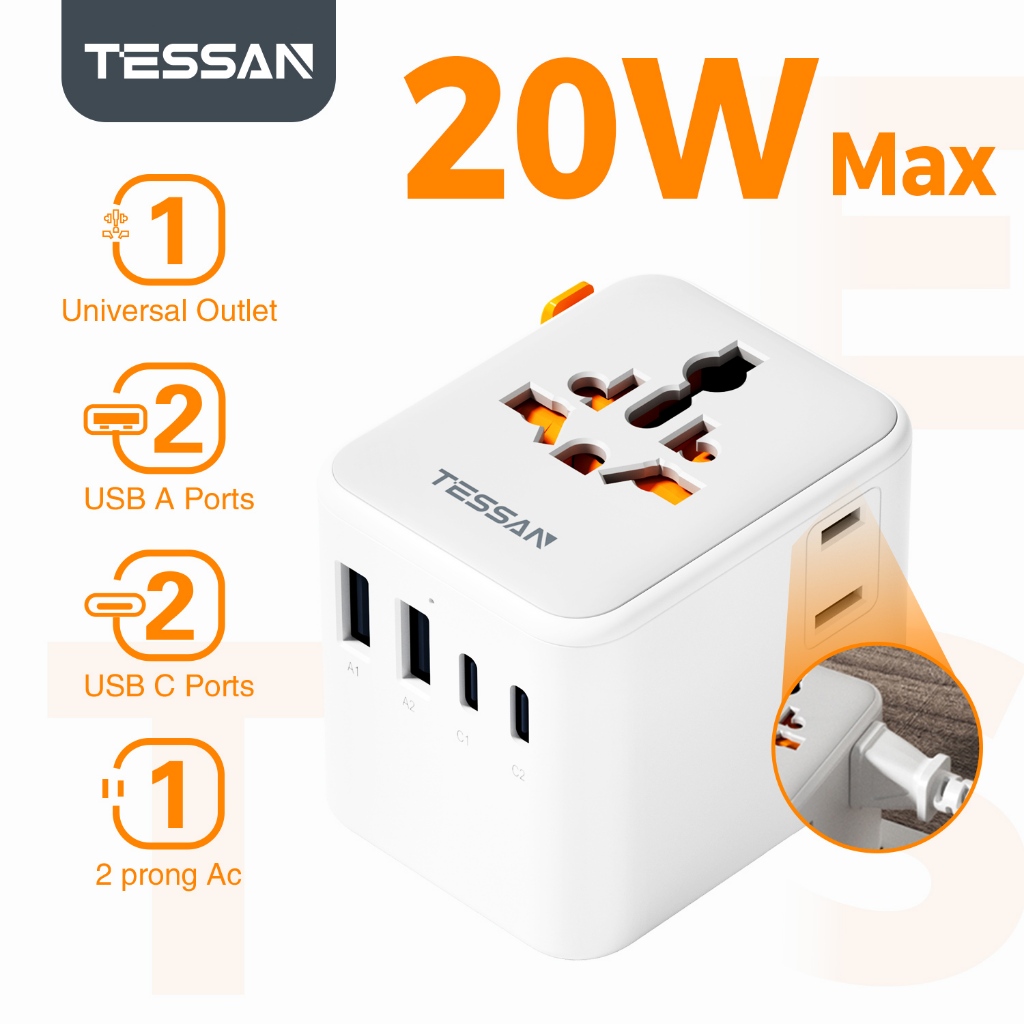 TESSAN International Travel Adaptor Plug with USB C Ports Universal ...