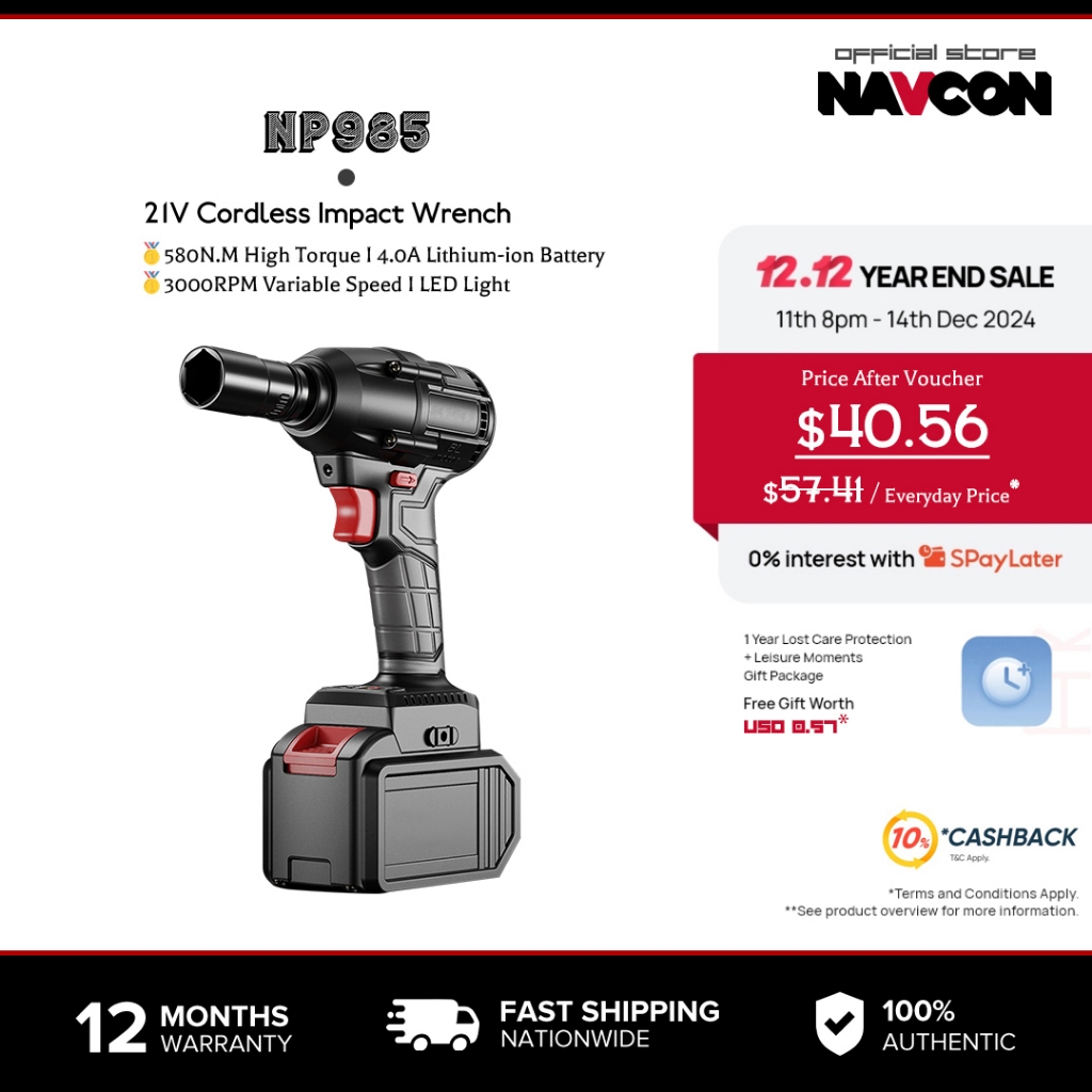 Navcon 21V Cordless Impact Wrench with a Powerful Motor, 1/2" Square ...