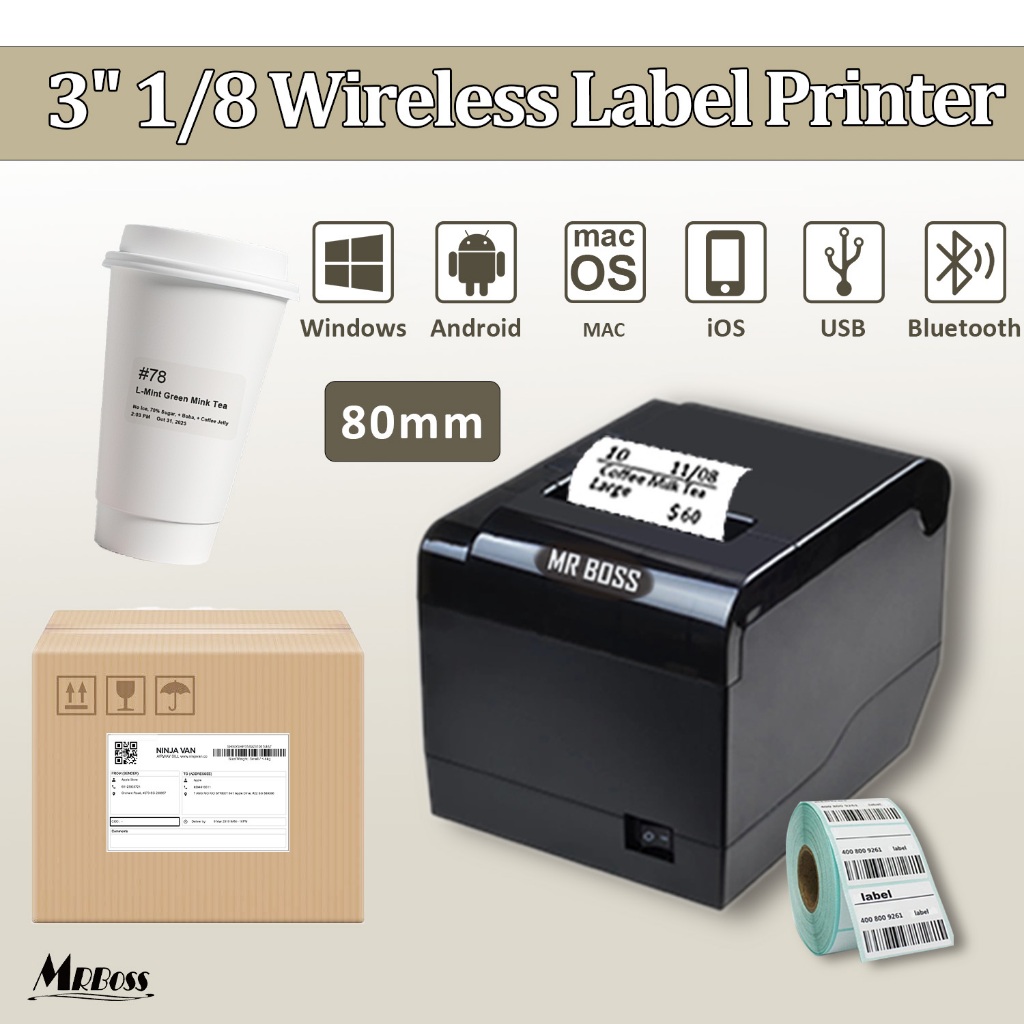 3''1/8 Thermal Label Sticker Receipt Printer Bluetooth port multi ...