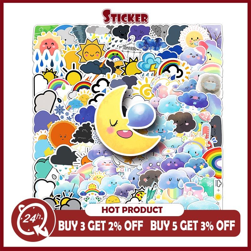 100PCS Cute Cartoon Cloud Stickers Weather Rain Lightning Rainbow ...