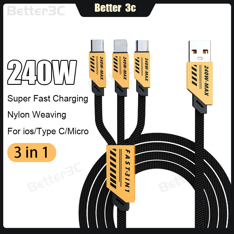 3 in 1 Cyber Mech Wind Nylon Weave Flat usb to type c Cable 240W Super ...
