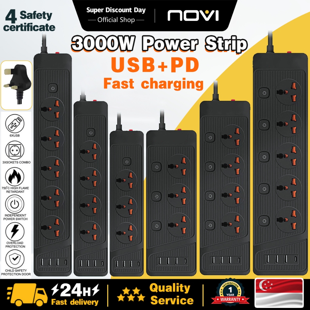 Power Strip 2500W 4/6 Outlets 3USB+1PD Universal Adapter Power Socket ...