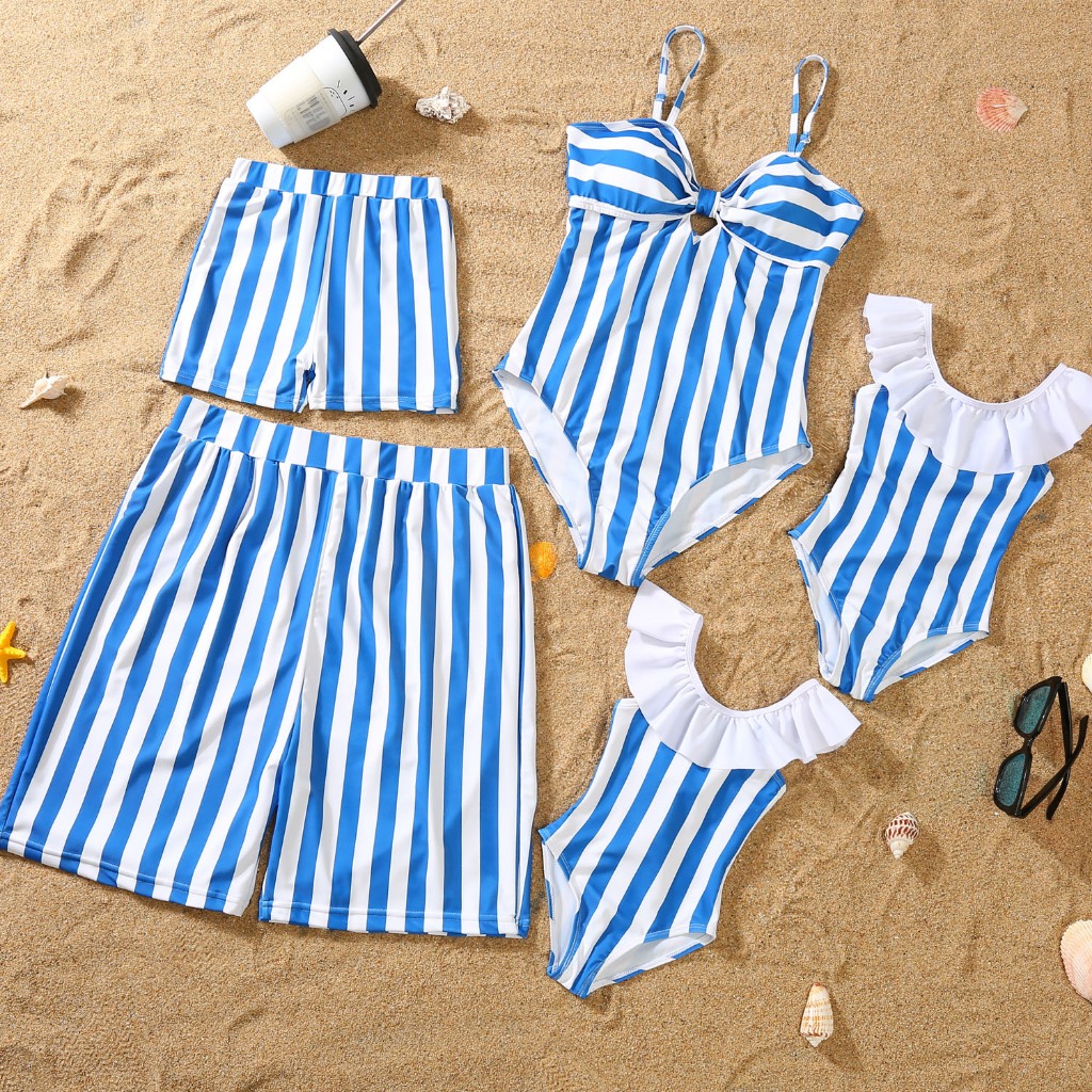 2025 Summer Beach Swimwear Family Matching Outfits Look Blue Striped ...