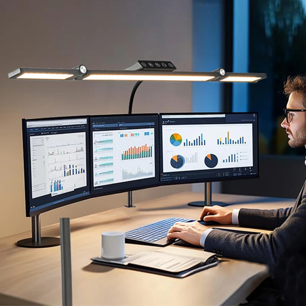 24W Ultra Bright LED Desk Lamp with Clamp 3 Head Automatic Dimming ...