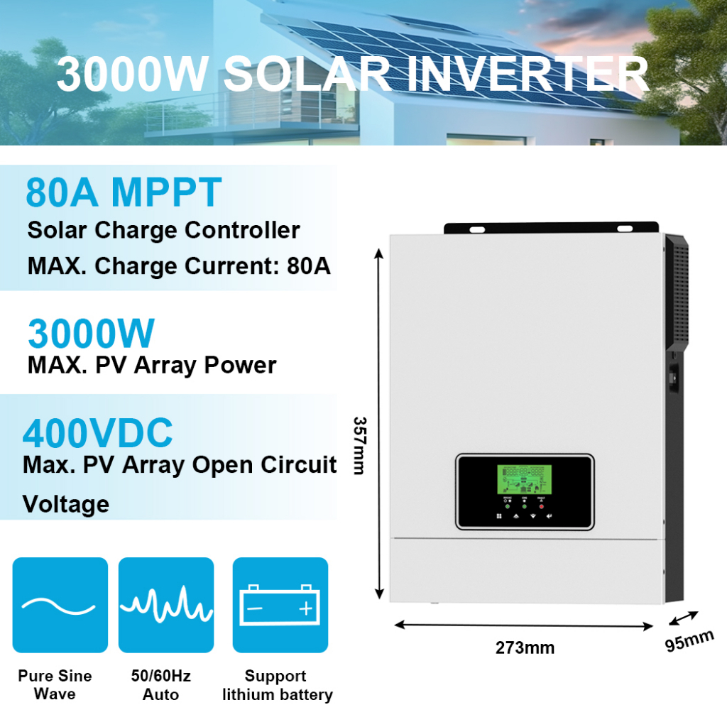 PowMr Solar Inverter 3000W 220V 80A MPPT 3KVA Pure Sine Wave Inverter 50Hz Off Grid Inverter 24V ...
