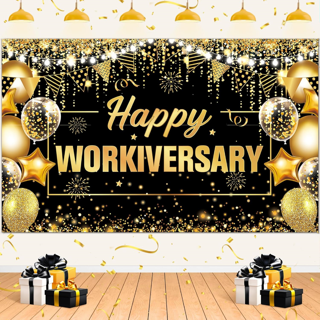 Happy Workiversary Photography Backdrop Black Gold Happy Workiversary ...