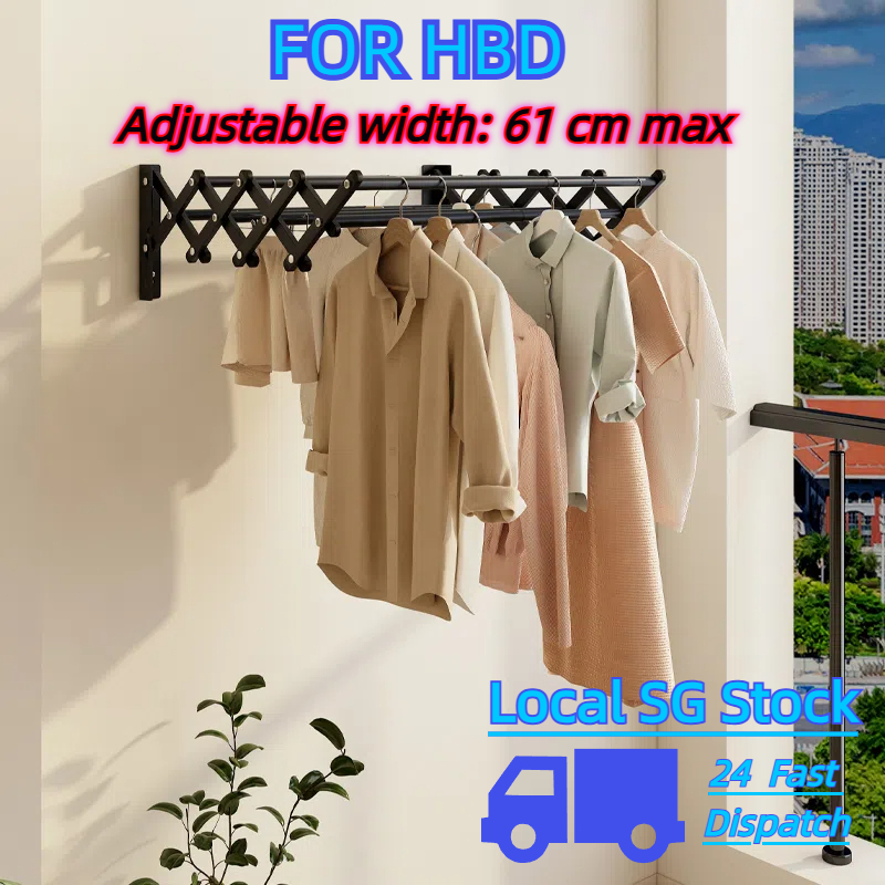 (SG Stock) Wall-mounted clothes rack Drilled clothes rack Retractable ...