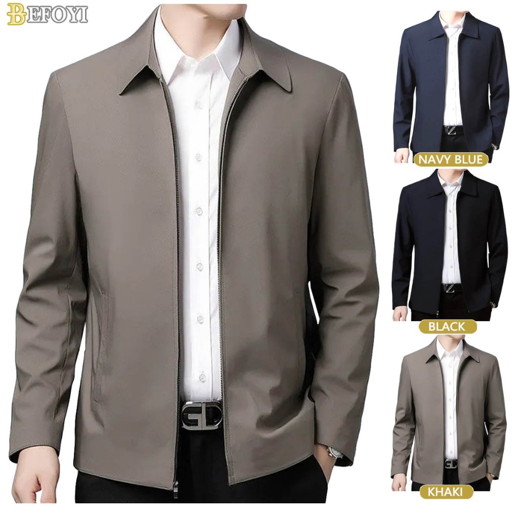 Men's Business Jacket Zipper With Collar Coat Casual Long Sleeved Retro ...