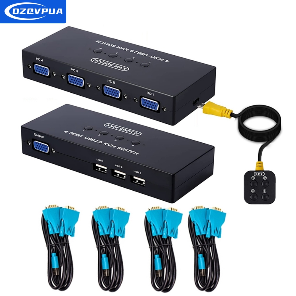 4 Port VGA KVM Switch with Remote Support Wireless, OZQVPUA KVM Switch VGA with 4 KVM Cable for ...