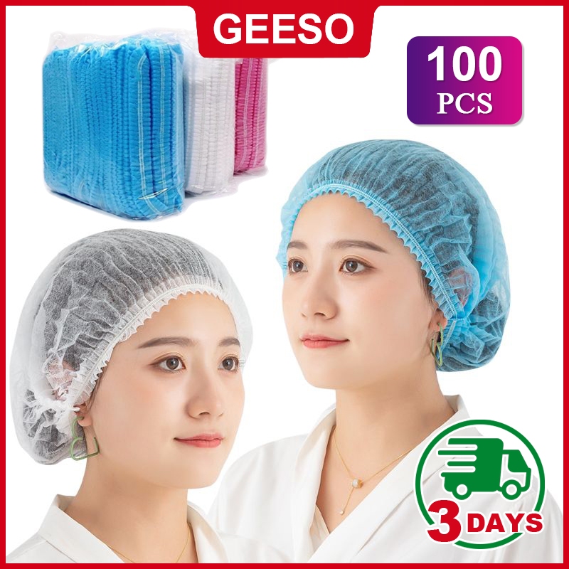 GEESO 100 Pcs Penutup Kepala Disposable Double Ribs Hair Head Cover Cap ...