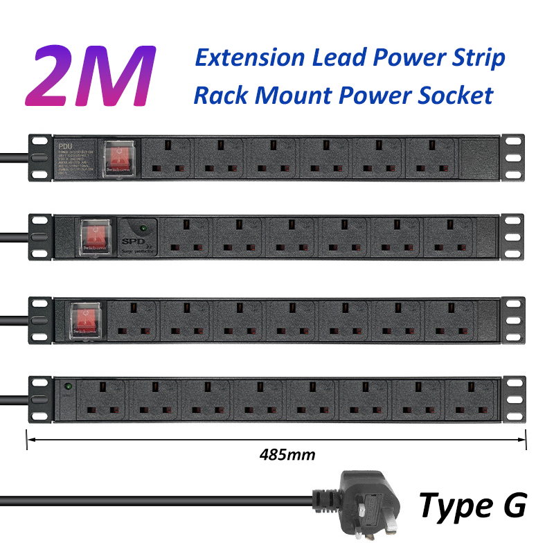 PDU Power Distribution Unit 2M Extension lead 6/7/8 Way Power Strip Surge Protection, Rack Mount ...
