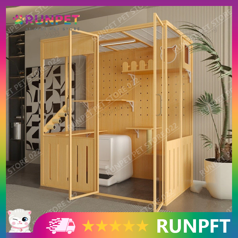 RUNPET Cat House Solid Wood Indoor Cat Cage Panoramic Glass Cat Villa ...