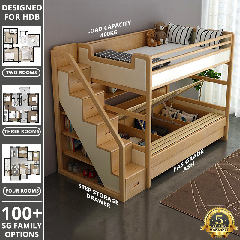 X·1 White Wax Wood Multifunction HDB Double Deck For Kids | Large ...