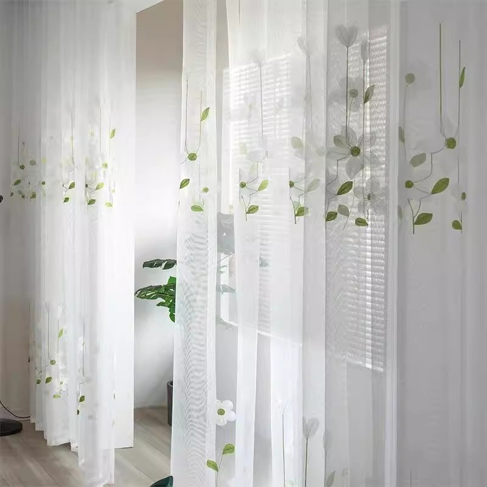 White Embroidered Sheer Curtains Floral Leaf Tile Semi Transparent ...