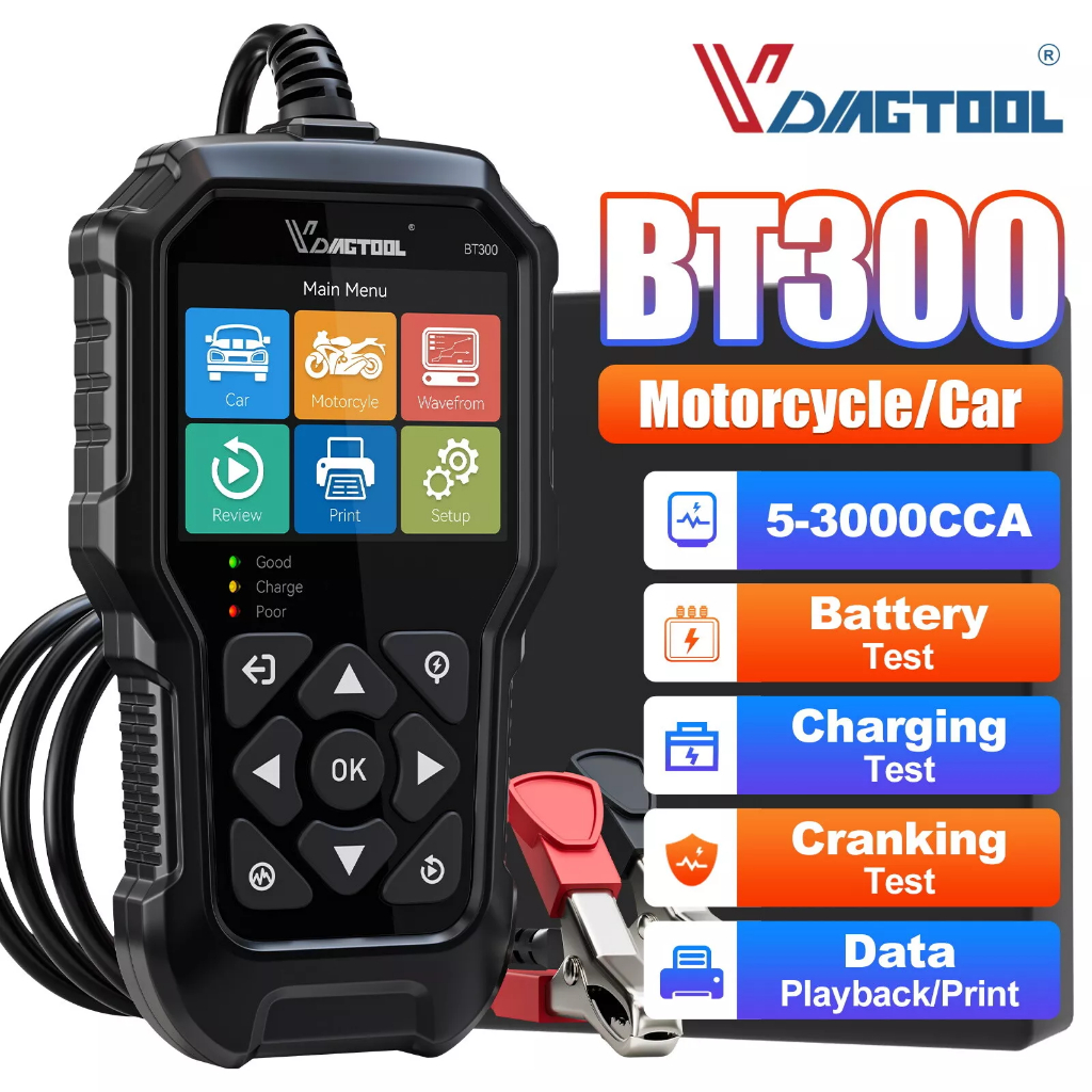 VDIAGTOOL BT300 Car Motorcycle Battery Tester 6V 12V 5-3000 CCA Load ...