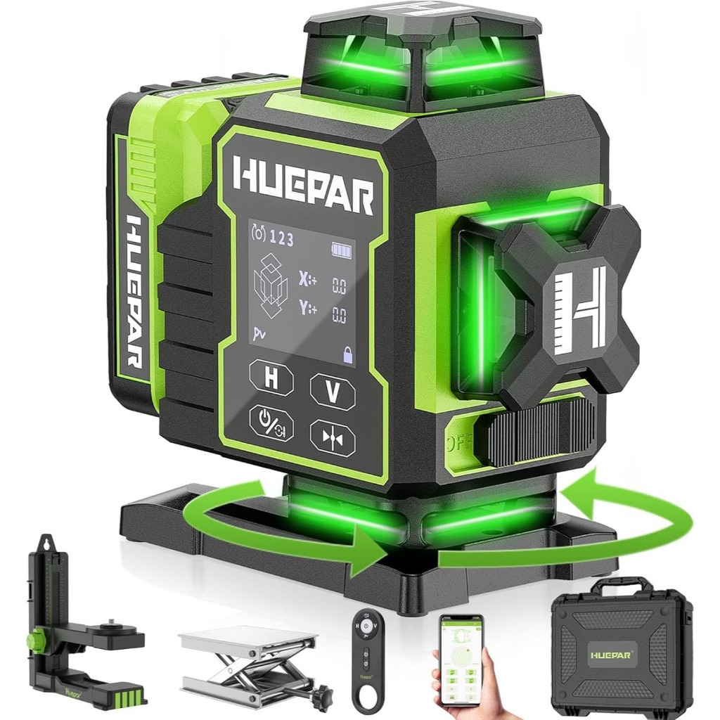 Huepar Laser Level 360 Self Leveling, W04CG Upgraded 4x360° Bluetooth Construction Lazer Leveler ...