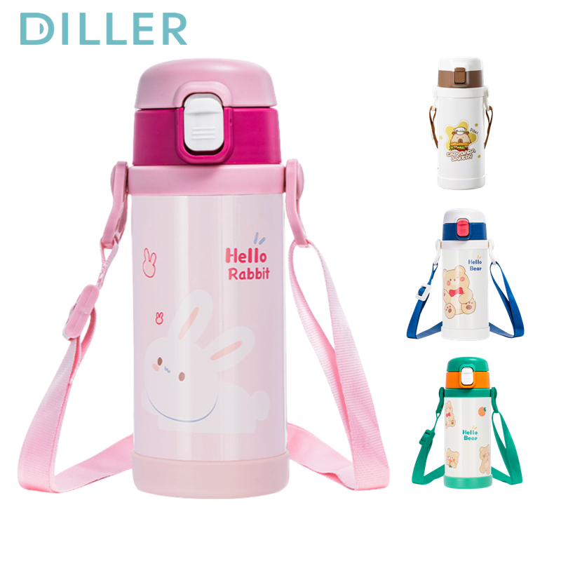 Diller Kids Thermos Water Bottle Straw Strap Leakproof Tritan BPA Free Spout Drinking 350ml ...