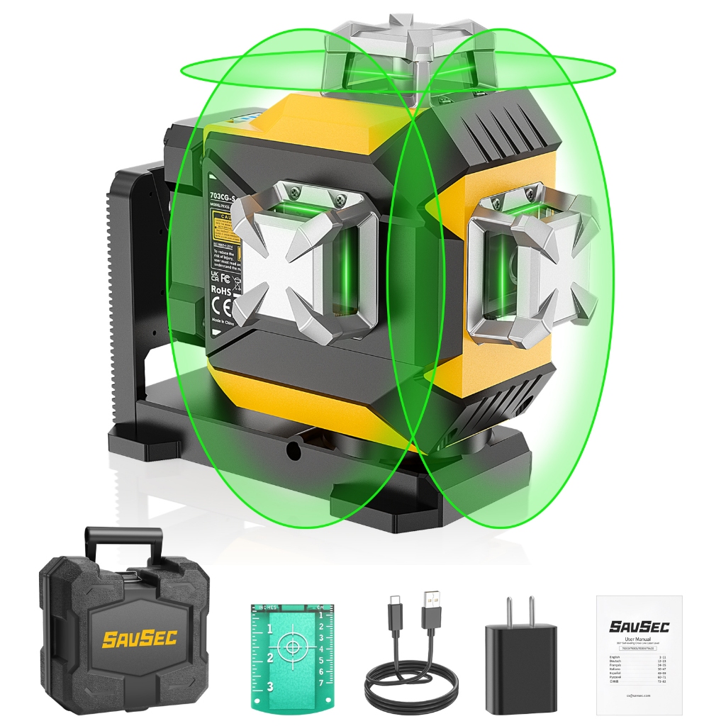 SAVSEC 3D Laser Level Self-Leveling Green Beam 3×360° - Adjustable ...