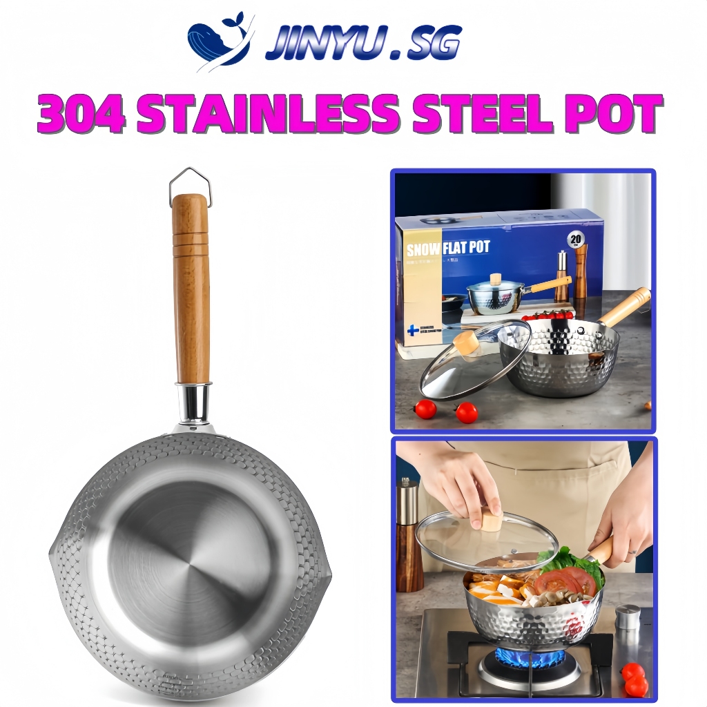 Stainless Steel Pan With Wood Handle Glass Lid Japanese 304 Snow Flake Hammered Pot For Soup ...