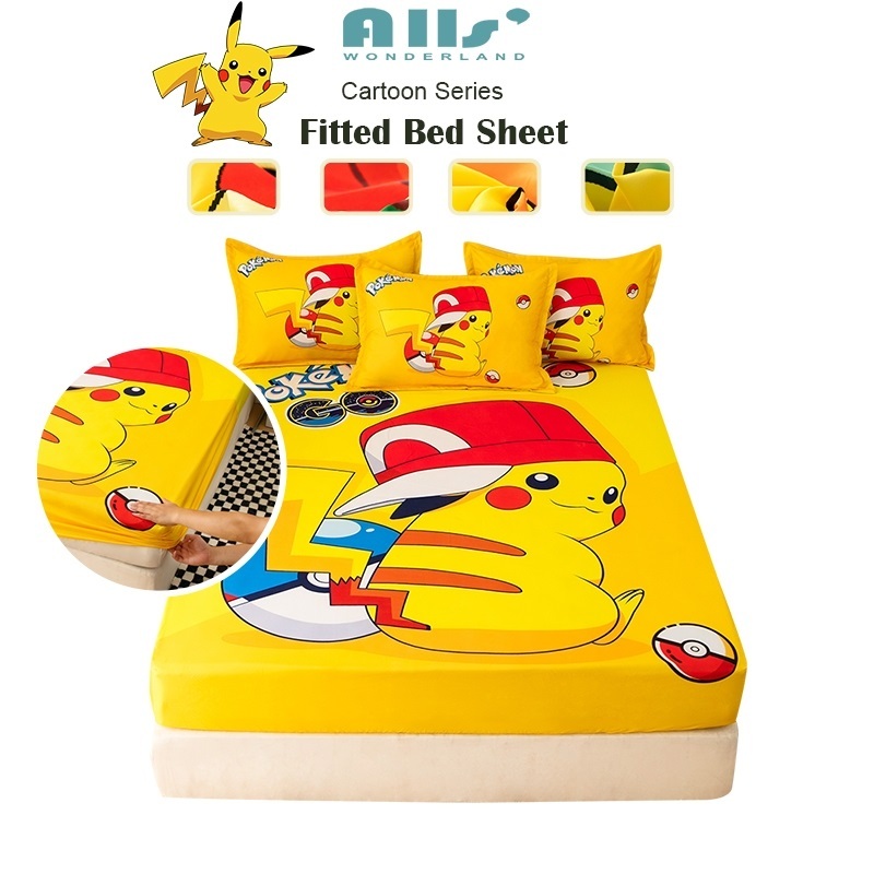 Cartoon Bedsheet Cute Pokemon Fitted Sheet Soft Bedsheet Yellow Pikachu ...