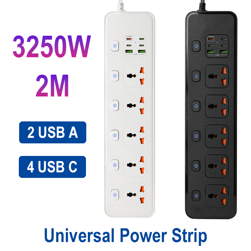 Extension Cord 2 Meter,Universal Power Strip with 5 Outlets and 6 USB ...