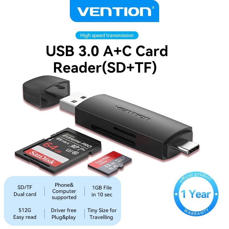 Vention Card Reader USB 3.0 Type C 512GB Fast Transmission 2 in 1 SD ...