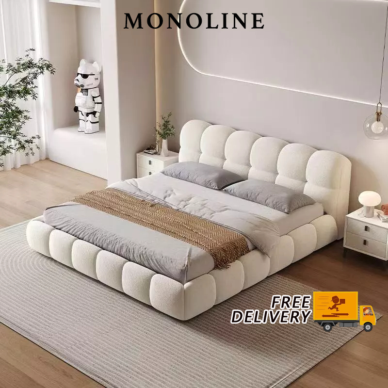 🇸🇬⚡Creamy Style Puff Bed Frame Fabric And Solid Wood Bed Frame Storage ...