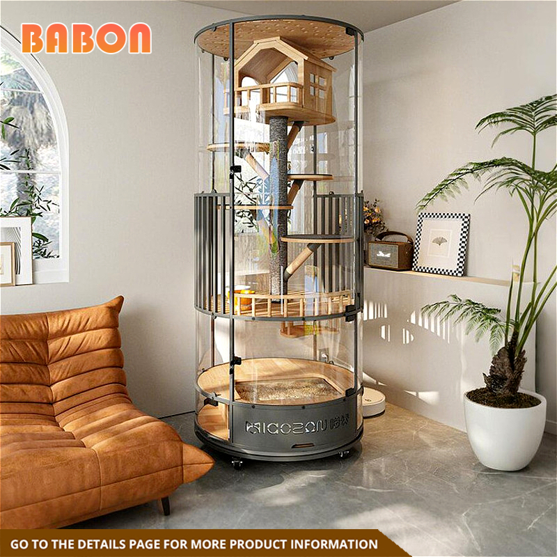 Cat House 360° Rotatable Glass Cat Condo Oak Cat Platform Cat Tower ...