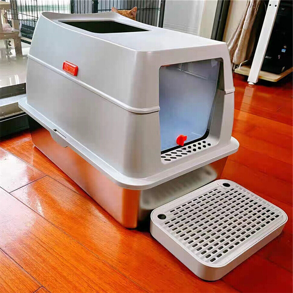 BINGOPAW Enclosed Stainless Steel Cat Litter Tray Box with Lid Extra ...