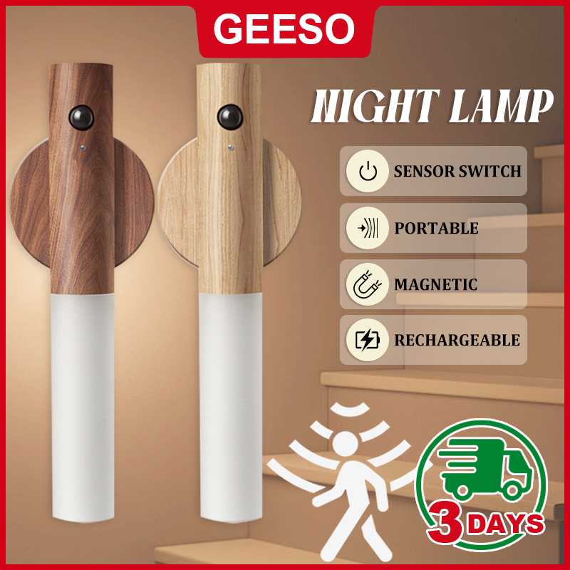 GEESO Motion Sensor Night Light Solid Wooden Rechargeable Magnet Indoor ...