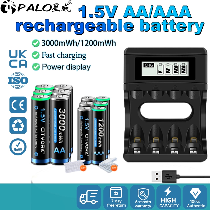 PALO AA/AAA rechargeable battery 1.5v Li-ion Battery Charger 3000mWh High capacity rechargeable ...